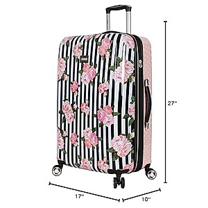 Betsey Johnson 26 Inch Checked Luggage Collection - Expandable Scratch Resistant (ABS + PC) Hardside Suitcase - Designer Lightweight Bag with 8-Rolling Spinner Wheels (Stripe Roses)