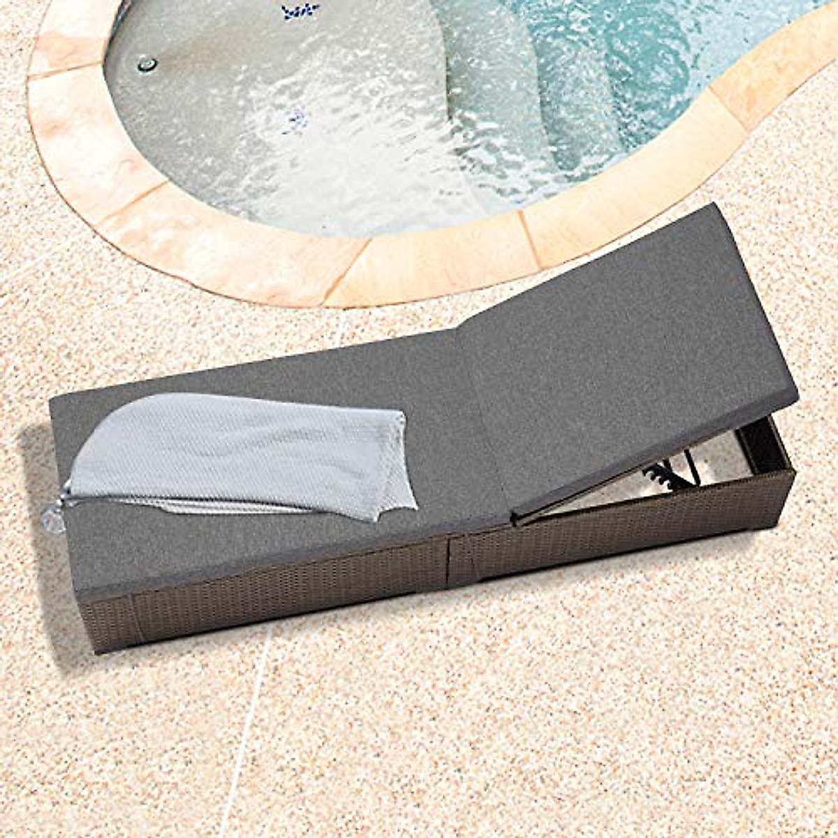 Kinsunny Outdoor PE Wicker Lounge Chair Patio Reclining Chair Furniture Set Beach Pool Adjustable Backrest Recliners with Dark Grey Cushions