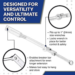 Rhino Wrench Extender Tool Bar - Extra-Long 15 Inch Wrench Extension for Maximum Leverage - Torque Multiplier with Non-Slip Gloves and Garage Hook - Solid Steel Tools for Mechanics and DIYers