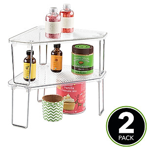 mDesign Plastic/Steel Freestanding Foldable Corner Stackable Organizer Shelf for Kitchen, Counter, Pantry, Cabinet Storage, Holds Plates, Dishes, Ligne Collection, 2 Pack - Clear