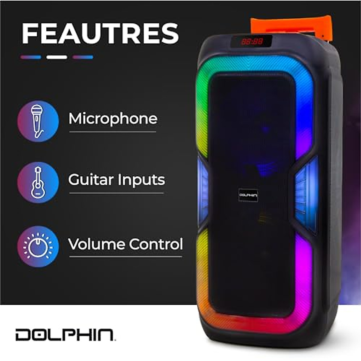 Dolphin New SP-1060RBT: Crisp & DEEP BASS - Dual 10" Bluetooth Portable Speaker w/Light Show - Rechargeable Speaker | Immersive Sound, Vibrant LED Lights, Wireless Connectivity