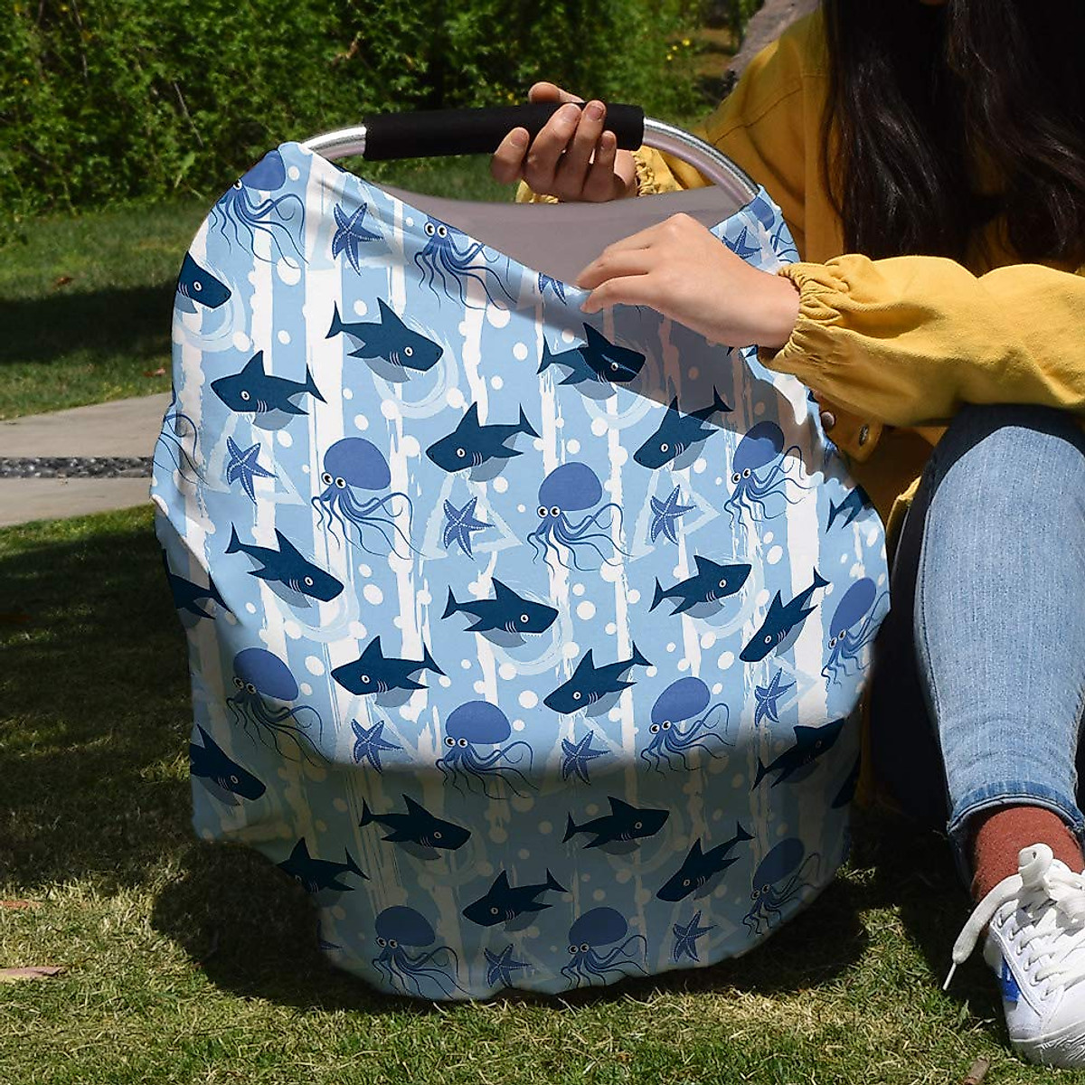 Nursing Cover for Breastfeeding Scarf Super Soft Cotton Multi Use for Baby Car Seat Covers Canopy Shopping Cart Cover Blanket Stroller Cover-Ocean Themed Fish Shark Octopus Starfish