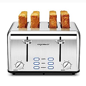 Toaster 4 Slice Wide Slot Stainless Steel Toasters with Bagel, Reheat, Cancel, Defrost Function, 6 Shade Settings, Removable Crumb Tray, 1550W, Aigostar