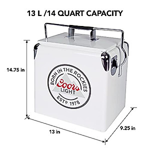 Coors Light Retro Ice Chest Cooler with Bottle Opener 13L (14 qt), 18 Can Capacity, White and Silver, Vintage Style Ice Bucket for Camping, Beach, Picnic, RV, BBQs, Tailgating, Fishing