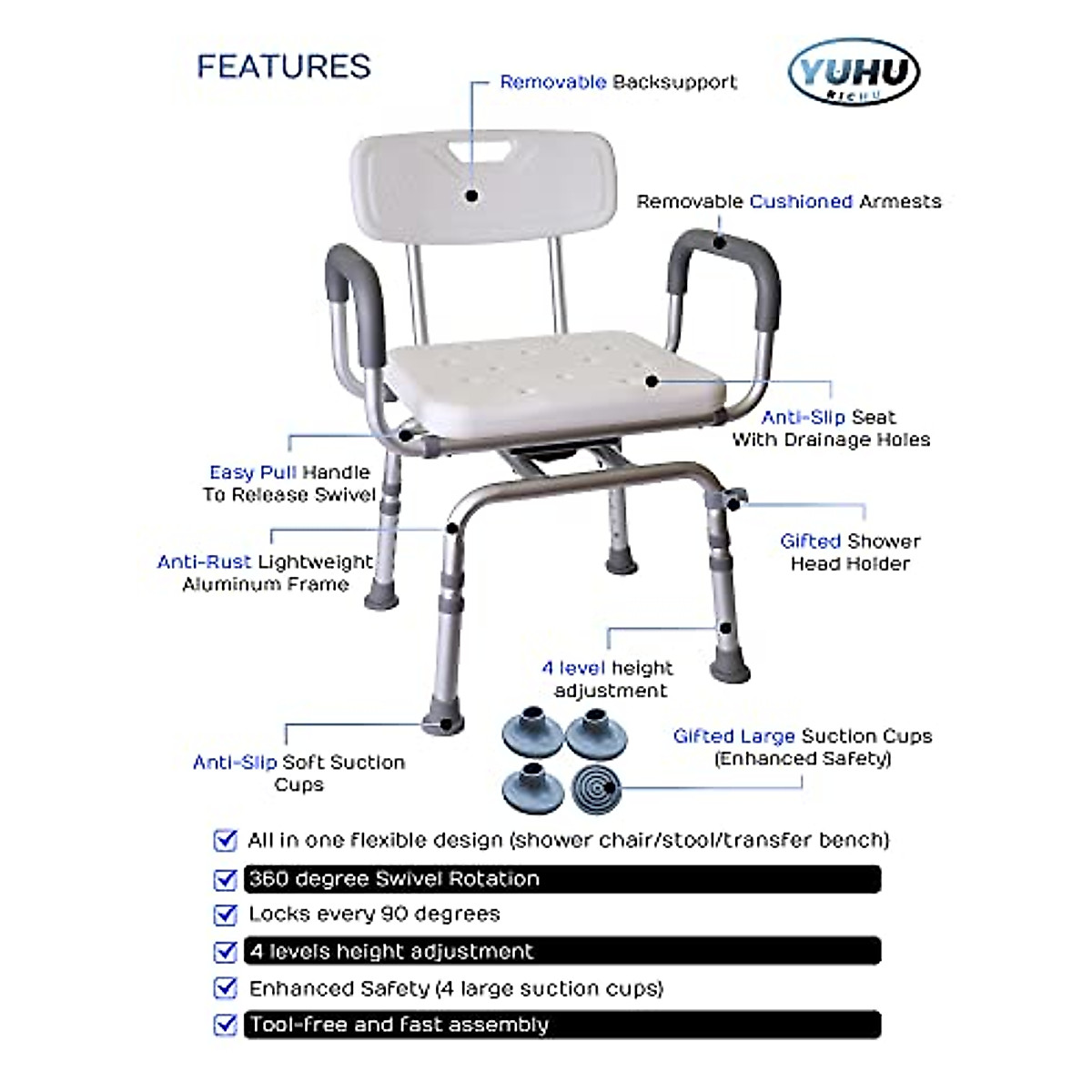 360 Degree Heavy Duty Swivel Shower Chair with Armrests and Back Support, Shower Chair for Inside Shower, Tub Transfer Bench, Shower Stool&Bath Chair(RightHand Handle)