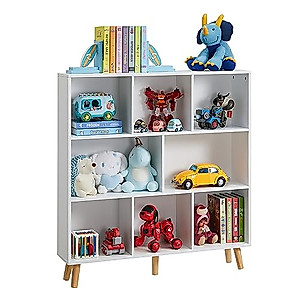 3-Tier Bookshelf, 8-Section Wooden Bookcase, Storage Organizer with Pine Legs, Modern Storage Display Cabinet for Living Room, Classroom, Kid’s Room (White)
