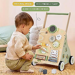 Wooden Baby Push Walker and Toddler Pull Learning Activity Toy - Develop Motor Skills & Creativity - Multiple Activities Center for 1-3 Years Old Boys and Girls