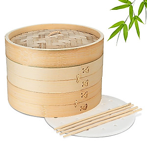 Flexzion Bamboo Steamer Basket Set (10 inch), 50 x Steamer Liners and 2 Pairs of Chopsticks, Steam Baskets for DimSum Dumplings, Rice, Vegetables, Fish and Meat