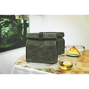 Kaaltisy Heavy Duty Lunch Bags Waxed Canvas Roll-top Lunch Boxes Waterproof Reusable Lunch Bag with Adjustable Buckle, Green, Hard Handfeel