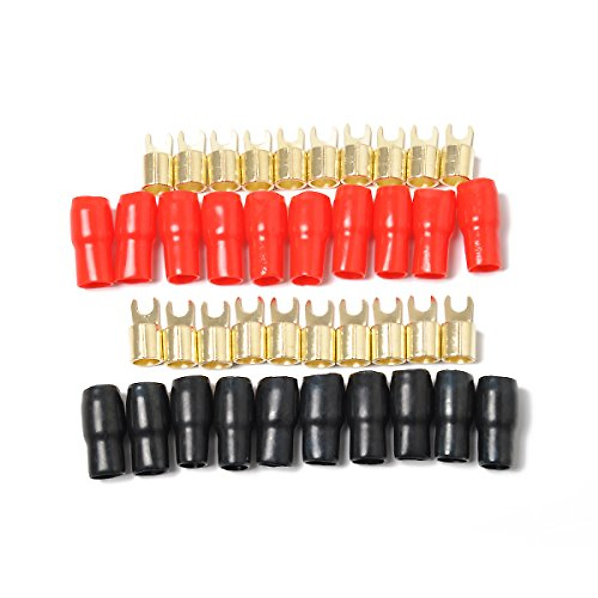 10 Pairs Copper Gold Plated 4 Gauge Strip Spade Terminal Spade Fork Adapters Connectors Plugs Crimp Barrier Spades for Speaker Wire Cable Terminal Plug - 4GA (Red and Black)