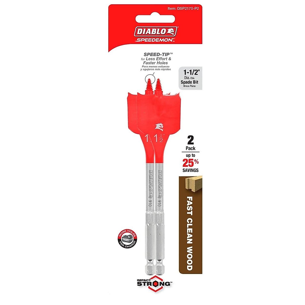Diablo Spade Bit for Wood - Speed-TIP Design - 1-1/2" Diameter, 6" Length, 1/4" Hex Shank, 2-Pack - DSP2170-P2