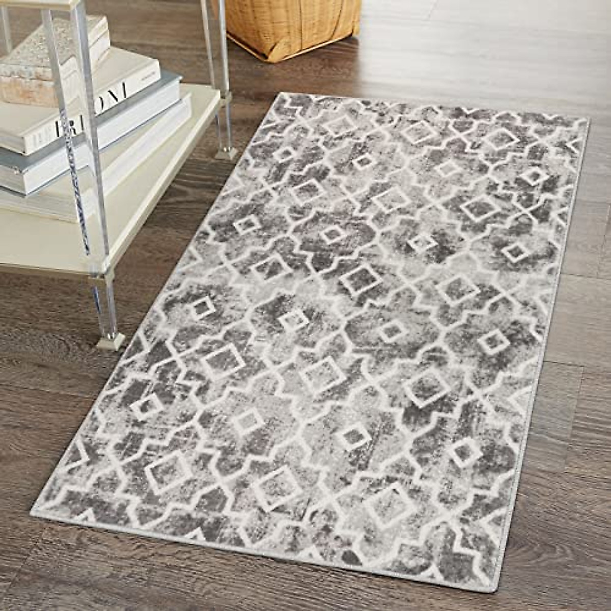 Wonnitar Moroccan Washable Area Rug - Small 2x3 Grey Distressed Entryway Rug Non-Slip Doormat Modern Geometric Trellis Throw Rug Faux Wool Floor Carpet for Bathroom Laundry Room Indoor Office