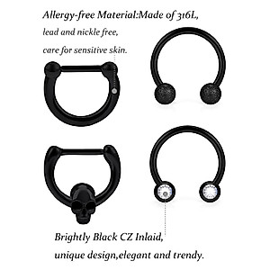 Vsnnsns 16G Septum Jewelry Septum Ring Piercing Jewelry Septum Clicker Ring and Horseshoe Barbell Stainless Steel Captive Bead Ring Septum Nose Rings Hoop for Men Women Black 10mm 12pcs