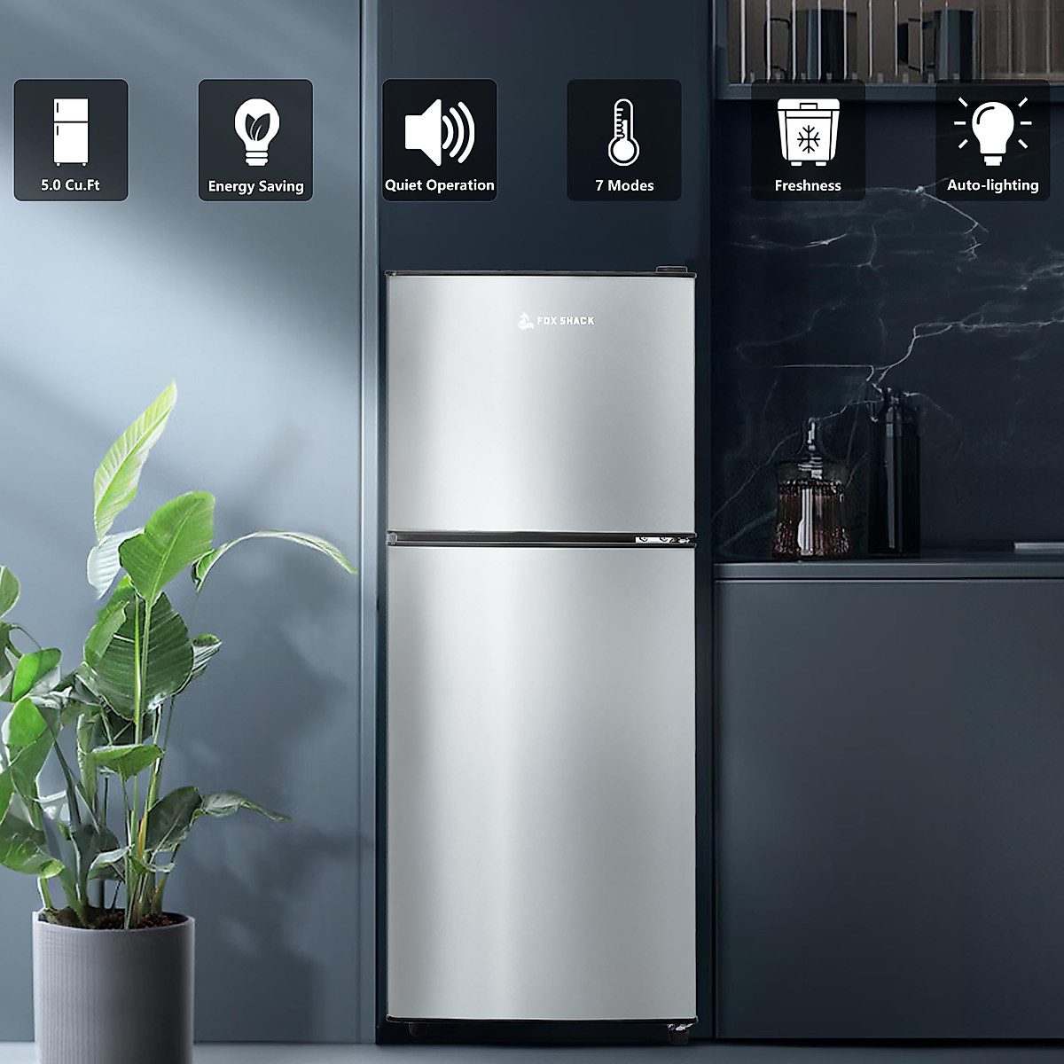 Fox Shack 5 Cu Ft Fridge, Refrigerator with Freezer, 2 Doors Apartment Size Fridge, Energy-efficient, 5 Settings Temperature Adjustable, for Kitchen, Office, Dorm