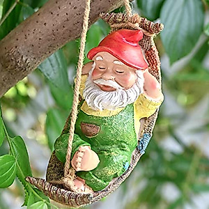 TERESA'S COLLECTIONS Cute Garden Gnomes Decorations for Yard Hanging Statues Outdoor Gifts, Sleepy Gnome in Swing Leaf Hammock Resin Tree Ornaments Figurines for Stump Branch Lawn Patio Decor, 7.4"