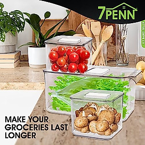 7Penn Produce Storage Containers for Refrigerator 3 Pack with Lids - Stackable Acrylic Fruit and Vegetable Keeper Bins for Fridge - Clear Stay Fresh Cube Produce Saver Set for Lettuce, Berries, Apples