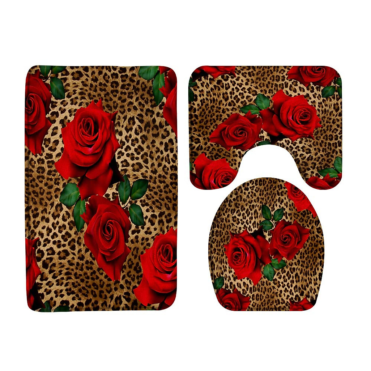 3 Pieces Bath Rugs Leopard Flower Bath Mat Red Rose Flower Mixed Wild Animal Skin Pattern Romantic Cheetah,Microfiber Memory Foam 18x30 Inch Bath Mat Sets or Bathroom Decor