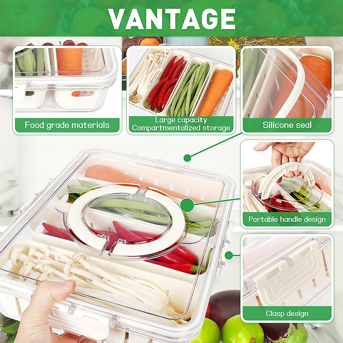 LOTOFUN Divided Serving Tray Container with Lid: Snackle Box Container Storage Organizer for Adults Snacks Fruits Vegetable Food for Fridge Kitchen Travel 4 Compartments