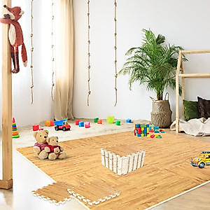 Smabee 16pcs Interlocking Printed Wood Grain EVA Foam Mats Protective Floor Tiles Exercise Play Mat for Kids Room Parlor Bedroom Home 11.8" x 11.8" (Wood Grain Yellow)