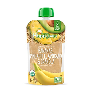 Happy Baby Organics Stage 2 Baby Food Pouches, Gluten Free, Vegan & Healthy Snack, Clearly Crafted Fruit & Veggie Puree, Bananas, Pineapples, Avocado & Granola, 4 Ounces (Pack of 16)