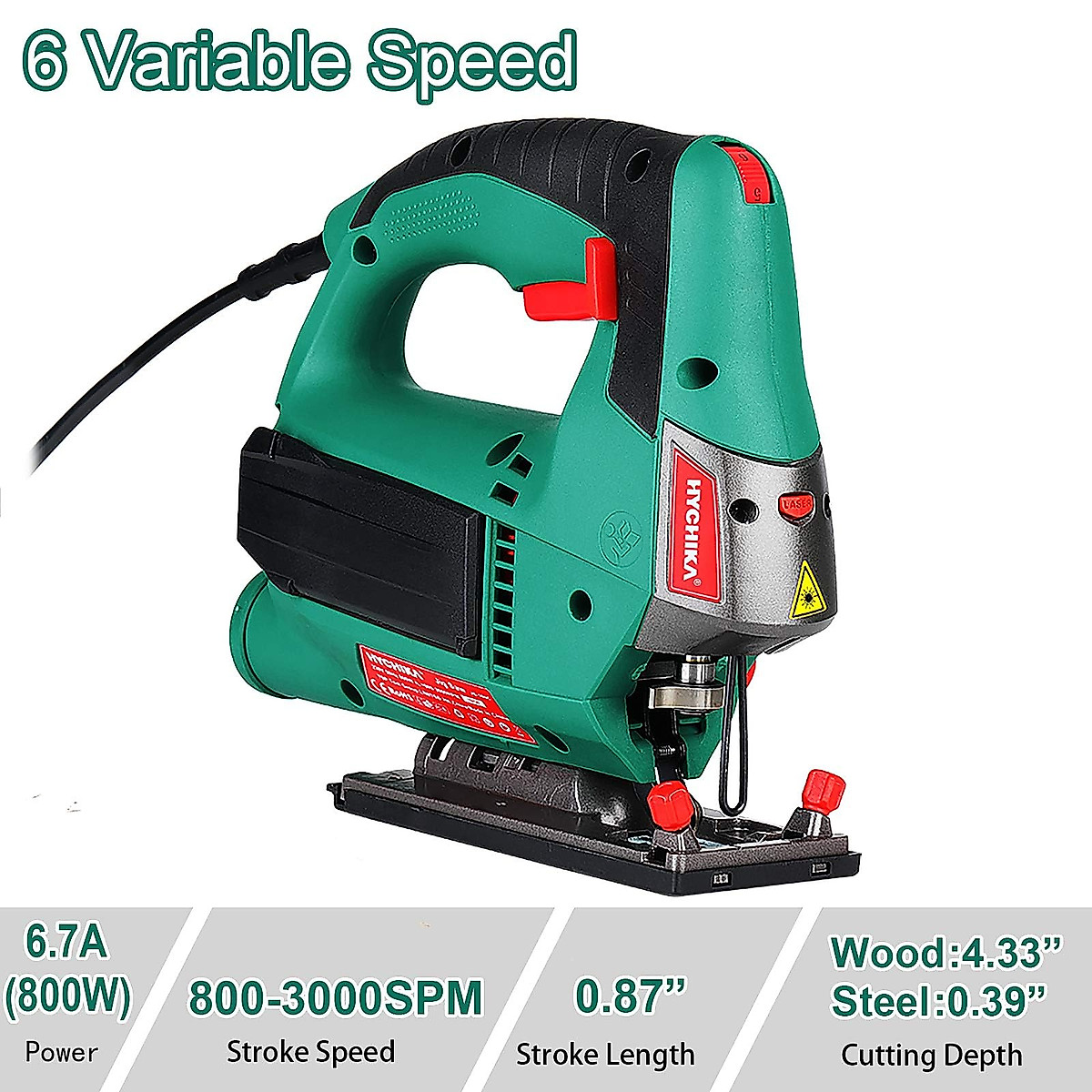 HYCHIKA Jig saw, 6.7A Jig Saw 800-3000SPM with 6 Variable Speeds, 4 Orbital Sets, Bevel Angle 45°, 6PCS Blades, Pure Copper Motor, Laser Guide, Wood Metal Plastic Cutting