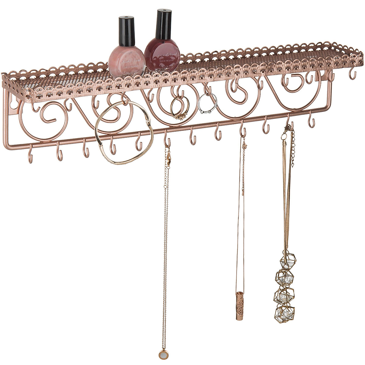 MyGift Rose Gold-Tone Metal Wall Jewelry Holder Organizer and Cosmetics Shelf Rack with 25 Necklace Hooks
