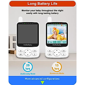HelloBaby Monitor with 29Hour Battery Life and 4" IPS Screen, No WiFi, Video Baby Monitor with Camera and Audio 1000ft Long Rang Auto Night Vision 2 Way Audio Temperature VOX Mode for Baby Pet Eldly