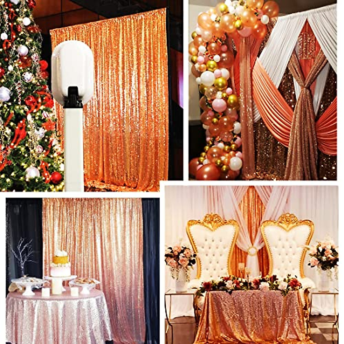 2Pcs 3Ft x 8Ft Rose Gold Sequin Backdrop Curtain, Glitter Photography Background, Sequence Xmas Thanksgiving Backdrop for Wedding Party Holiday Festival Decor…