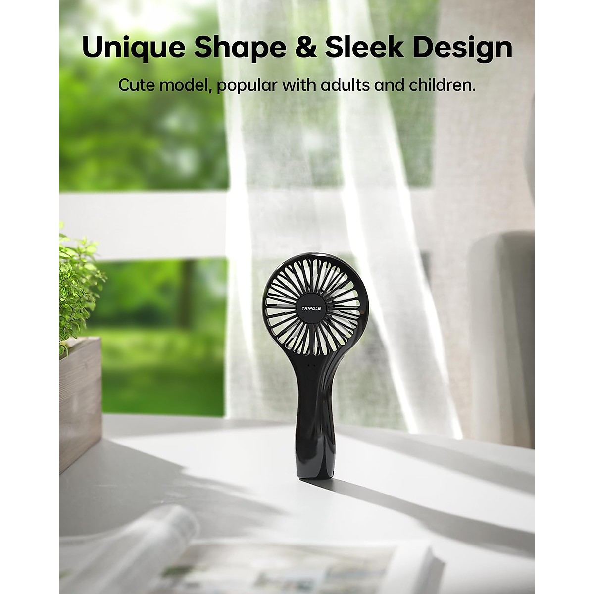 TriPole Handheld Mini Fan Battery Operated Small Personal Portable Fan Speed Adjustable USB Rechargeable Fan for Kids Girls Women Men Home Office Indoor Outdoor Travelling, Black
