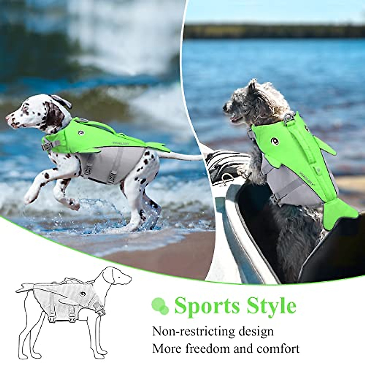 VIVAGLORY Dog Life Vest, New Whale-Shape Sports Style Dog Swimming Jacket Vest with Strong Grab Handle for Emergency Rescue, Bright Green XS