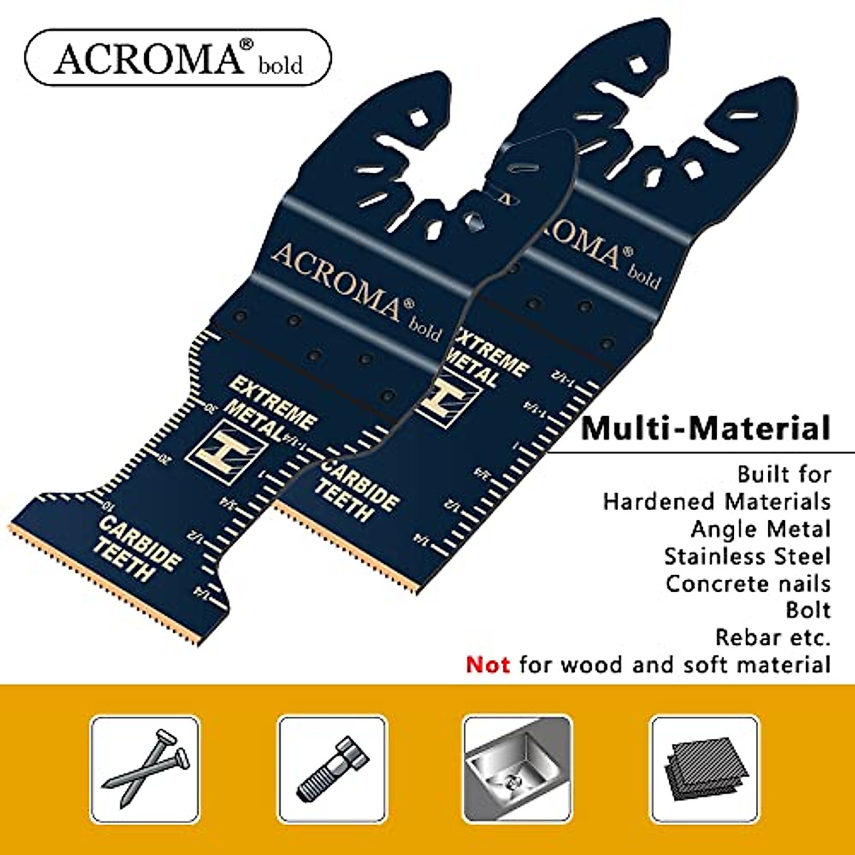 Acroma 5-Piece Carbide Tooth Oscillating Multitool Blades, Superb 0.04” (1.0mm) Thickness, Built for Hardened Materials - Thick Metal, Stainless Steel etc. BMT50005