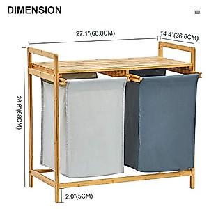 WORTHYEAH Bamboo Laundry Hamper and Shelf, Dual Compartments Laundry Basket with Removable Bag, 2 Sections Laundry Organizer and Storage, Wooden Bamboo Laundry Sorter