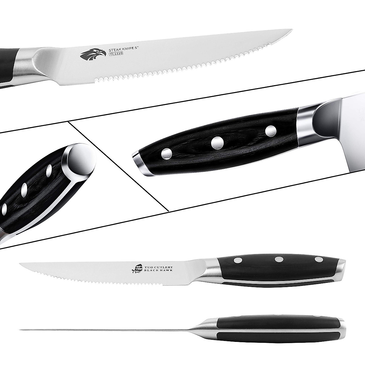 TUO Serrated Steak Knife - 5 inch Professional Kitchen Steak Knife Set 4 - Table Dinner Knife - German HC Stainless Steel Non Slip Pakkawood Handle - BLACK HAWK SERIES Including Gift Box