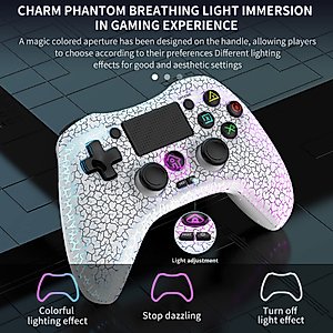 RALAN Wireless Controller with 8 Color Adjustable LED Lighting Compatible with PS4 Pro/Slim/for PS4 Controller Dualshock 4, with Headphone Jack for FPS Game （White）