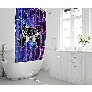4Pcs Boys Shower Curtain Set for Bathroom Gaming Decor, Game Bathroom Sets with Gamepad Bath Rugs Toilet Lid Cover, Purple Lightning Painting Gaming Shower Curtain Washable, Blue (70 x 70 Inch)