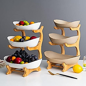 Jessie 3 Tiered Fruit Bowls Wooden Stand Ceramics Tiered Tray Decor Serving Fruit Cup Cake Dessert for Party Wedding Farmhouse (White Porcelain)