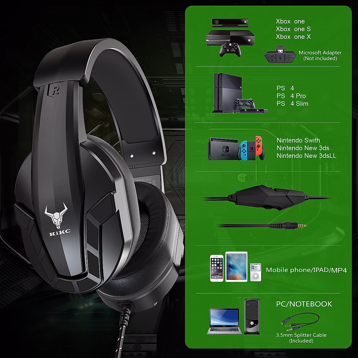 Kikc PS4 Gaming Headset with Mic for Xbox One, PS5, PC, Mobile Phone and Notebook, Controllable Volume Gaming Headphones with Soft Earmuffs, Headphones