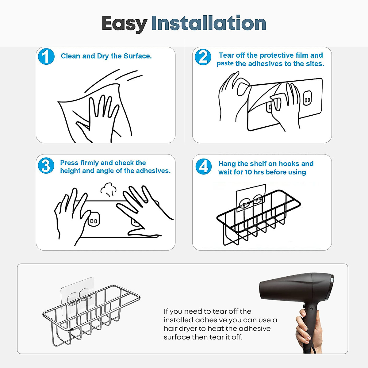 KESOL Adhesive Kitchen Sink Sponge Holder + Dish Cloth Hanger + Soap Holder, 2-in-1 Kitchen Sink Caddy, 304 Stainless Steel Rust Proof, Water Proof, No Drilling (Silver)