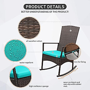 Outdoor PE Wicker Rocking Chair 3-Piece Patio Rattan Bistro Set 2 Rocker Armchair and Glass Coffee Side Table Furniture, Washable Lacing Cushion (Turquoise)