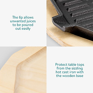 Navaris Sizzling Cast Iron Skillet Set - Fajita Grill Pan with Removable Handle for Fajitas, Steak, Sizzler Dishes 13.4" x 8" - Includes Wood Trivet