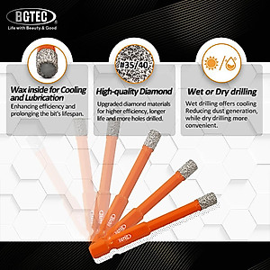 BGTEC Dry Diamond Drill Bits Set-4pcs 1/4" Tile Drill Bit with Quick Change Hex Shank and 1pc 1/4" Carbide Drill for Granite Marble Porcelain Ceramic