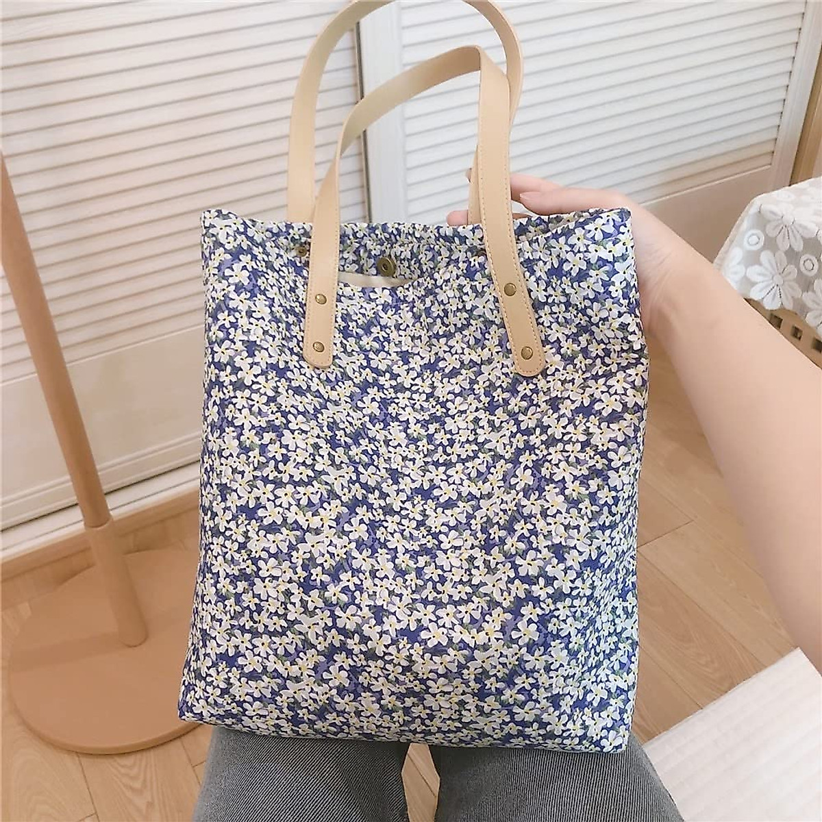 Jeelow Floral Cotton Canvas Tote Handbag with Vegan Leather Handles for Women - Lightweight Shoulder Bag Purse Snap Closure (Blue)