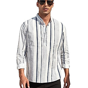 ZAFUL Men's Casual Linen Striped Henley Shirts Long Sleeve Hippie Tops T Shirts