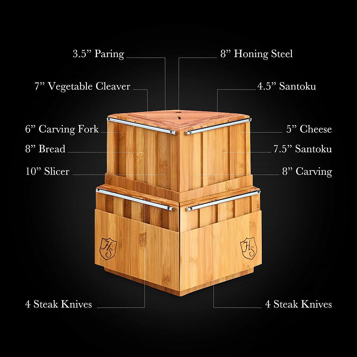 Hammer Stahl 21 Piece Knife Block Set | Classic Kitchen Knife Set | Stainless Steel Knife Set with Rotating Bamboo Block | Cooking Knife Set | The Ultimate Kitchen Collection