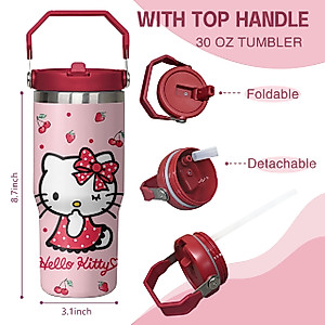 Kitty Tumbler for Adults Water Bottle 30 Oz Tumbler with Handle and Straw Kitty Cups for Kids Pink Coffee Mug Kitty Stuff Cat Insulated Cup Gifts for Girl Women