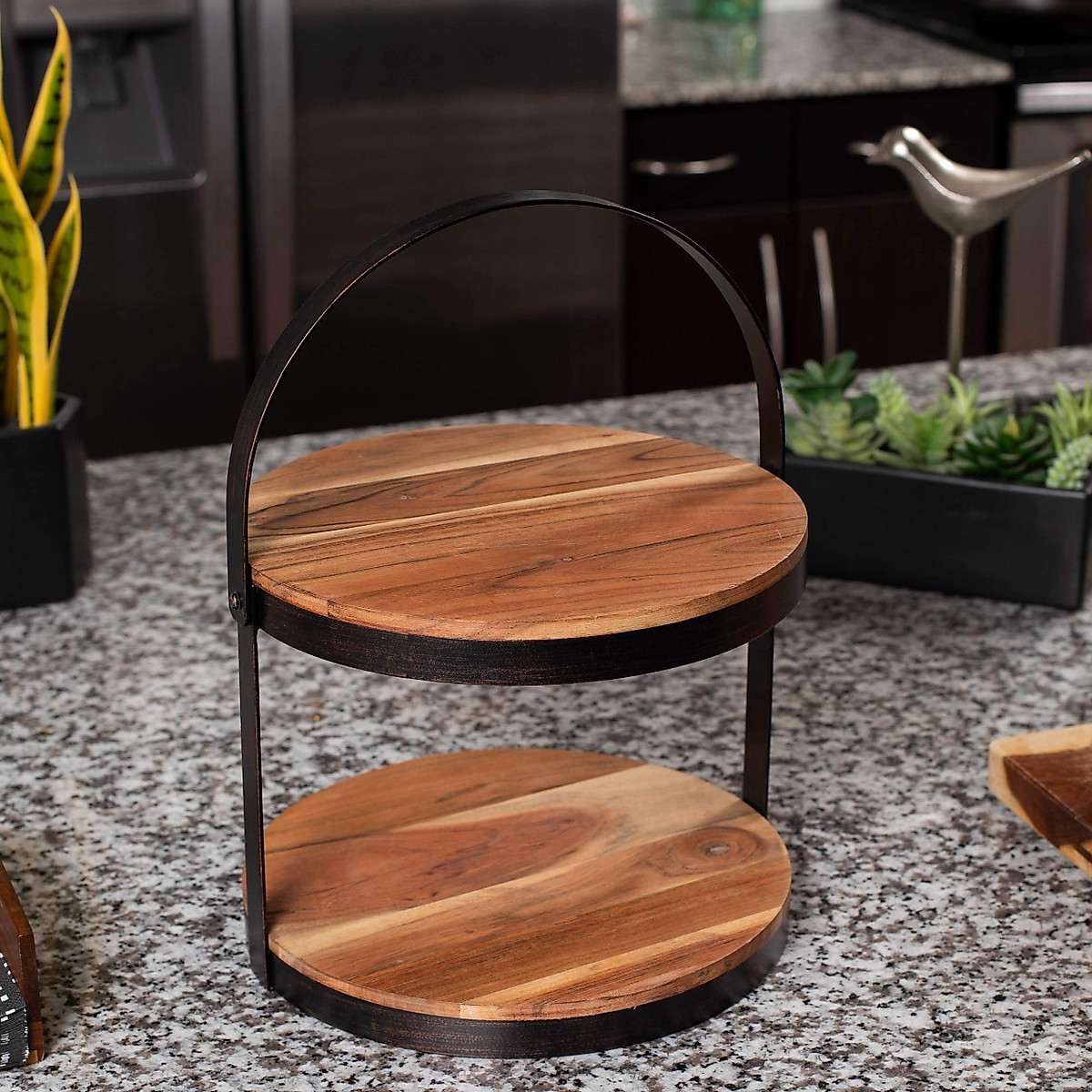 BIRDROCK HOME 2-Tier Cupcake and Cake Stand with Handle - Wood Iron Dessert Serving Tray - Rustic Farmhouse Dessert Stand - Modern Party Tiered Server - Table Kitchen Home Display - Round