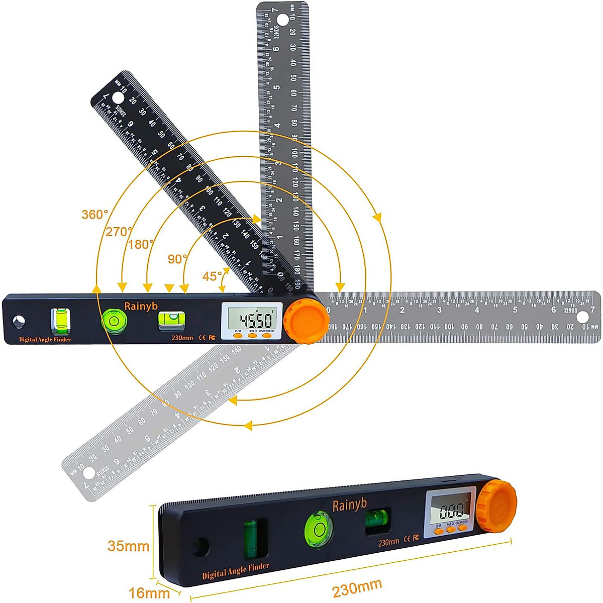 Rainyb Digital Angle Finder Tool 7inch 0-360 degree LED Digital Protractor with Horizontal Vertical Bubble Levels and Ruler Meter Accurate Tools for Carpenters,Woodworkers,Fabricators