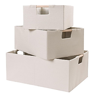 ANMINY 2PCS Storage Baskets for Organizing Collapsible Fabric Storage Bins Boxes with Wood Handles Closet Shelves Cube Organizer Bins Clothes Laundry Storage Container - Large, Beige