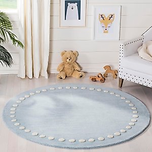 SAFAVIEH Kids Collection 5' Round Blue/Ivory SFK802M Handmade Polka Dot Border Wool Area Rug