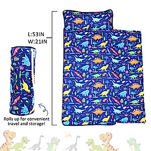 Cloele Dinosaur Toddler Nap Mat with Reusable Pillow and Minky Blanket - Kids Sleeping Bag for Boys 50"x20" Blue Kids Preschool Nap Sack - Soft Perfect for Kindergarten Sleeping Mat Travel Sleepovers
